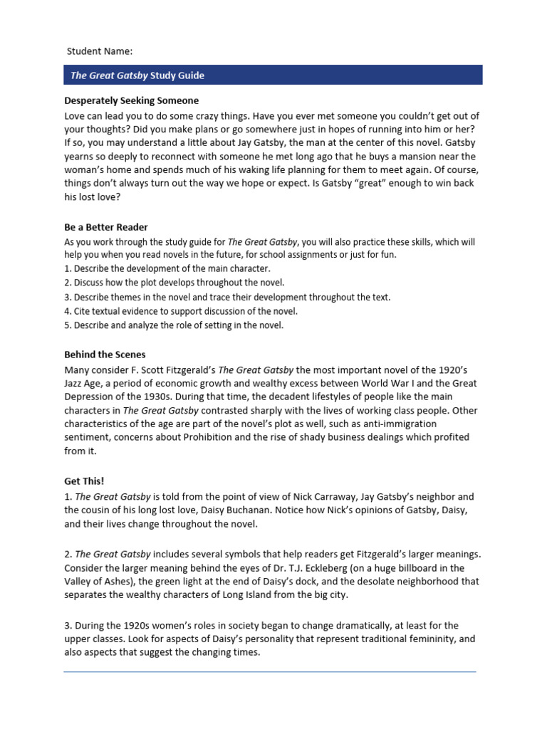 Great Gatsby Study Guide | PDF | The Great Gatsby