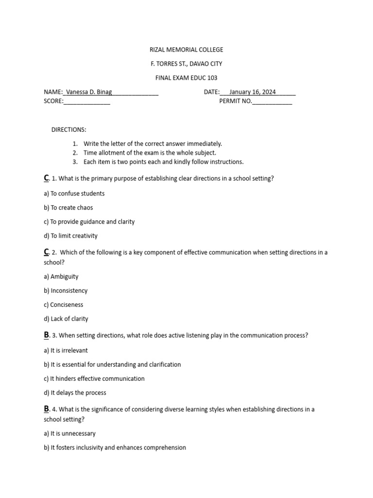 Final Exam Educ 103 Jan'24 | PDF | Employee Retention | Teachers