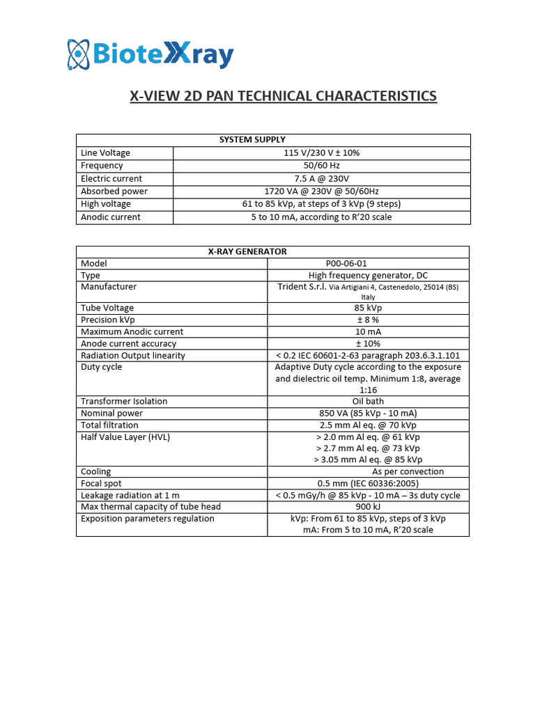 Trident X-VIEW 2D PAN TECHNICAL CHARACTERISTICS | PDF | Mains ...