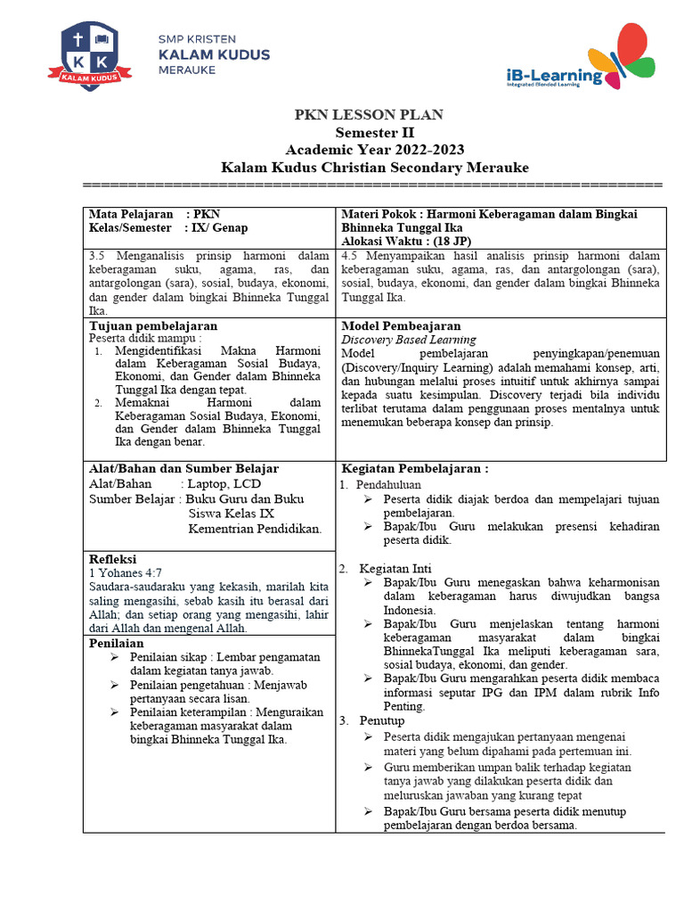 RPP PKN KELAS IX Harmoni Keberagaman Dalam Bingkai Bhinneka Tunggal Ika ...