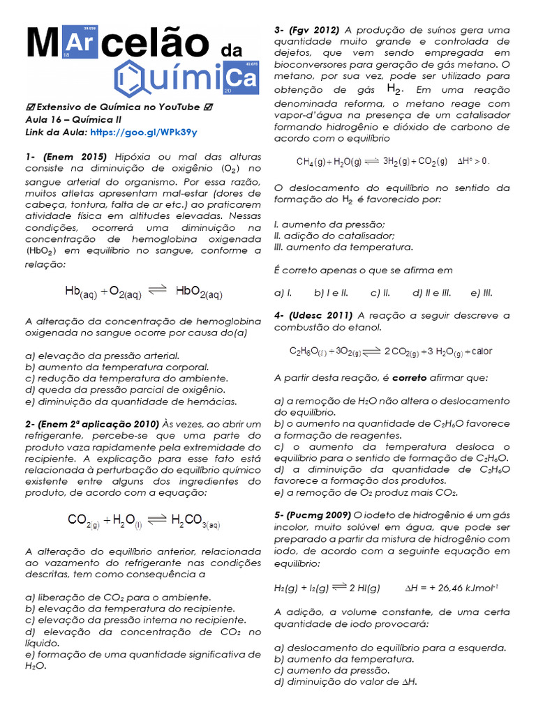 Aula16 Quimica2 Exercícios | PDF | Equilíbrio químico | Reações químicas