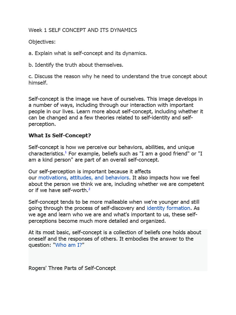 Week 1 SELF CONCEPT AND ITS DYNAMICS | PDF | Self Concept | Social Psychology