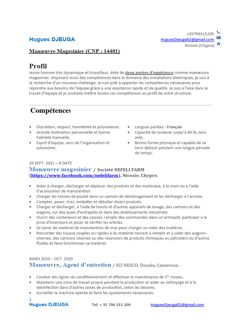Hugues DJEUGA - Manoeuvre Magasinier - CV | PDF | Bénévolat