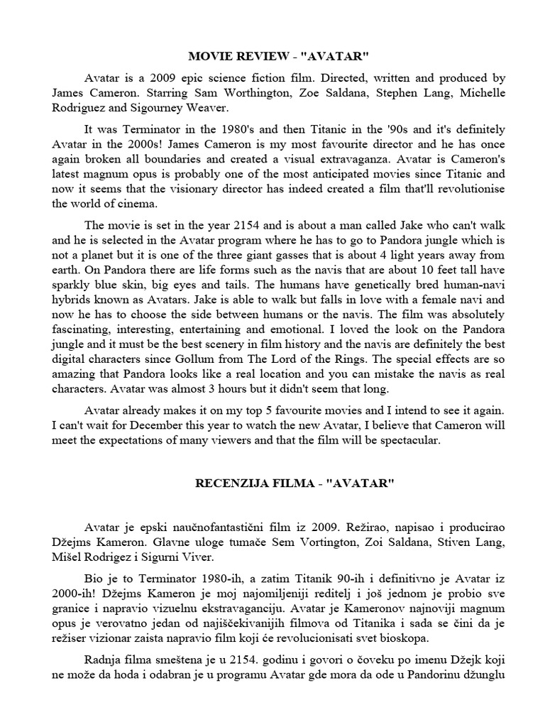Movie Review-Recenzija Filma-Avatar | PDF | Avatar (2009 Film)