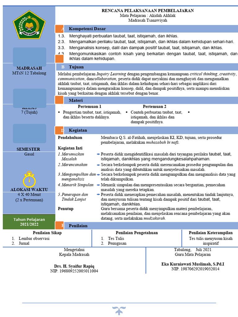 RPP 03 Akhlak Terpuji Inquiry | PDF
