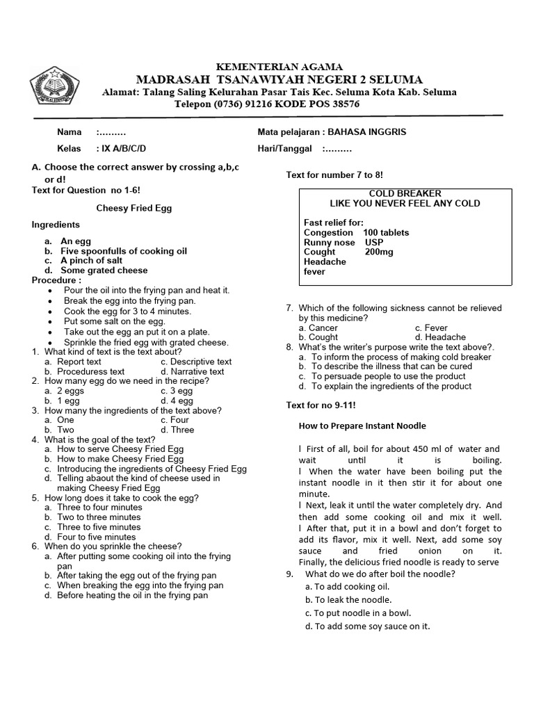 Soal B Inggris Kls 9 Pdf Food And Drink Preparation Nutrition
