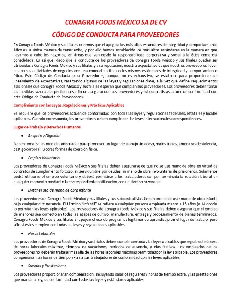 Código de Conducta para Proveedores Conagra | PDF | Comportamiento | México