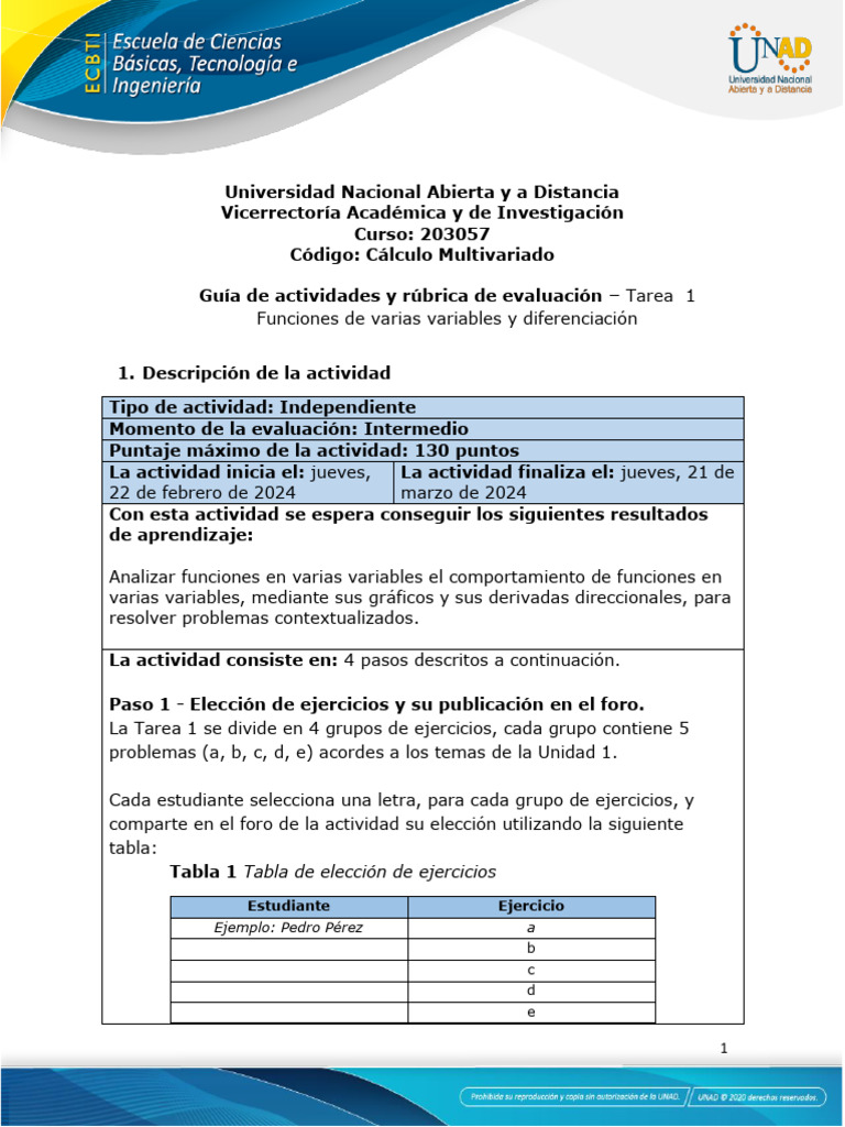 Guía de activiades y rúbrica de evaluación - Unidad 1 - Tarea 1 - Funciones de varias variables ...