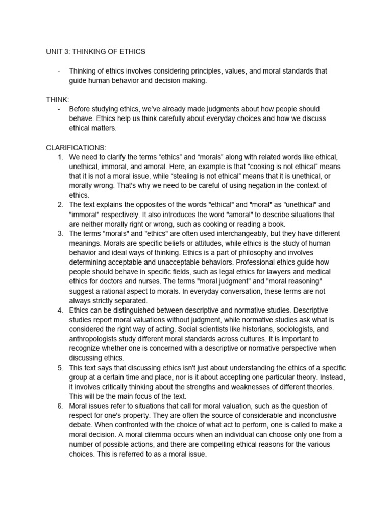 Unit 3 - Thinking of Ethics | PDF | Morality | Reason