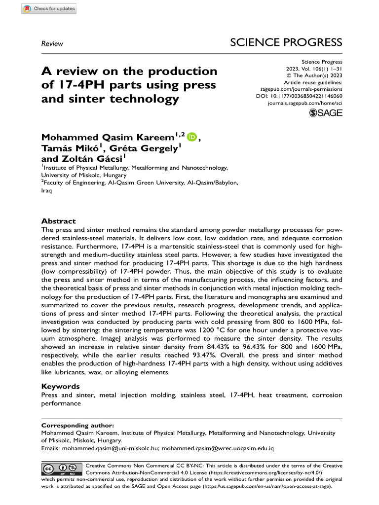 Kareem Et Al 2023 A Review On The Production of 17 4ph Parts Using Press and Sinter Technology ...