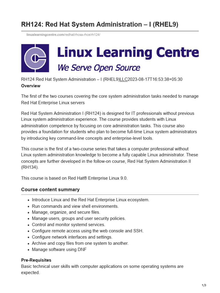 RH124 Red Hat System Administration I RHEL9 | PDF | Linux | System ...