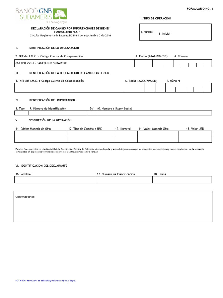 DECLARACION DE CAMBIO POR IMPORTACIONES DE BIENES Formulario - 1 | PDF