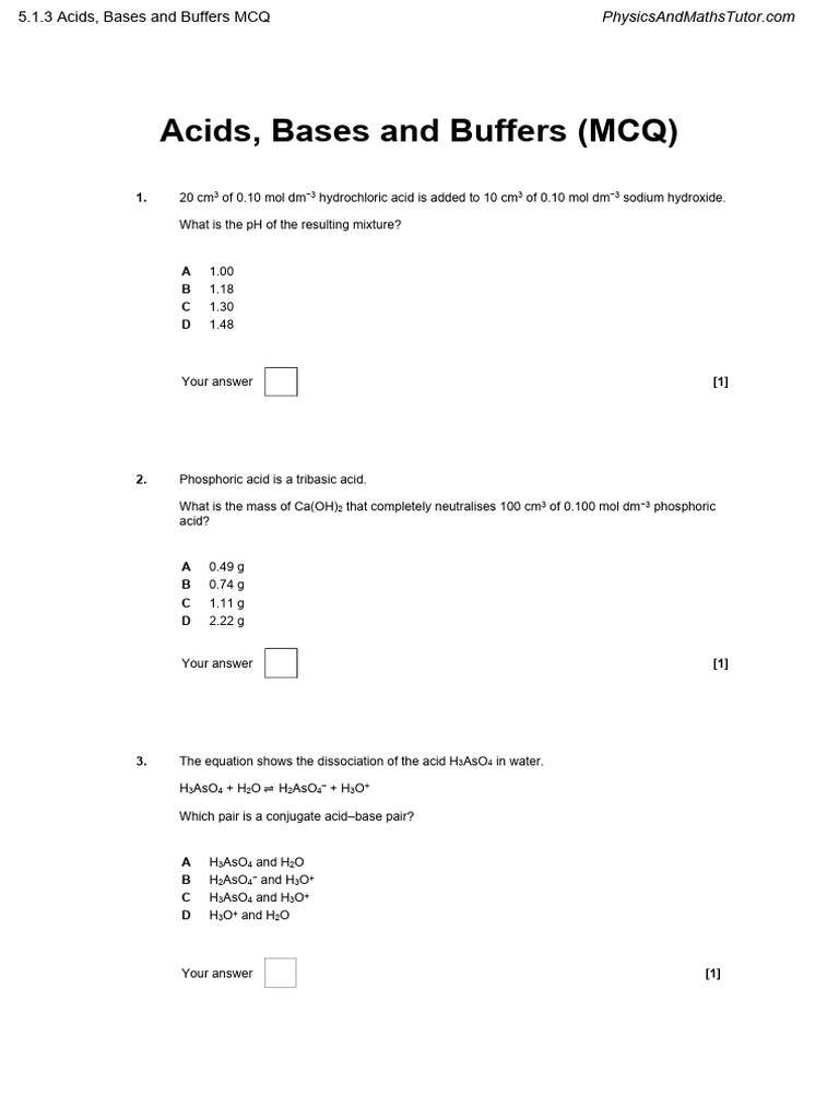 5.1.3 Acids, Bases and Buffers MCQ | PDF | Buffer Solution | Acid