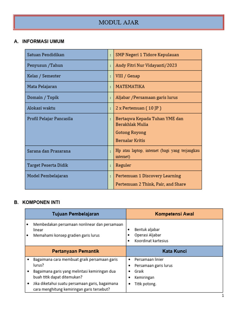 Modul Ajar Persamaan Garis Lurus | PDF