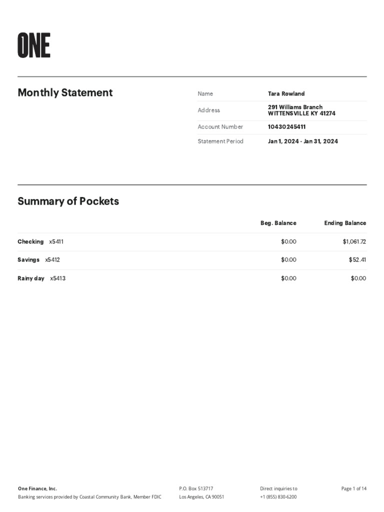 Monthly Statement: Tara Rowland 291 Williams Branch Wittensville Ky ...