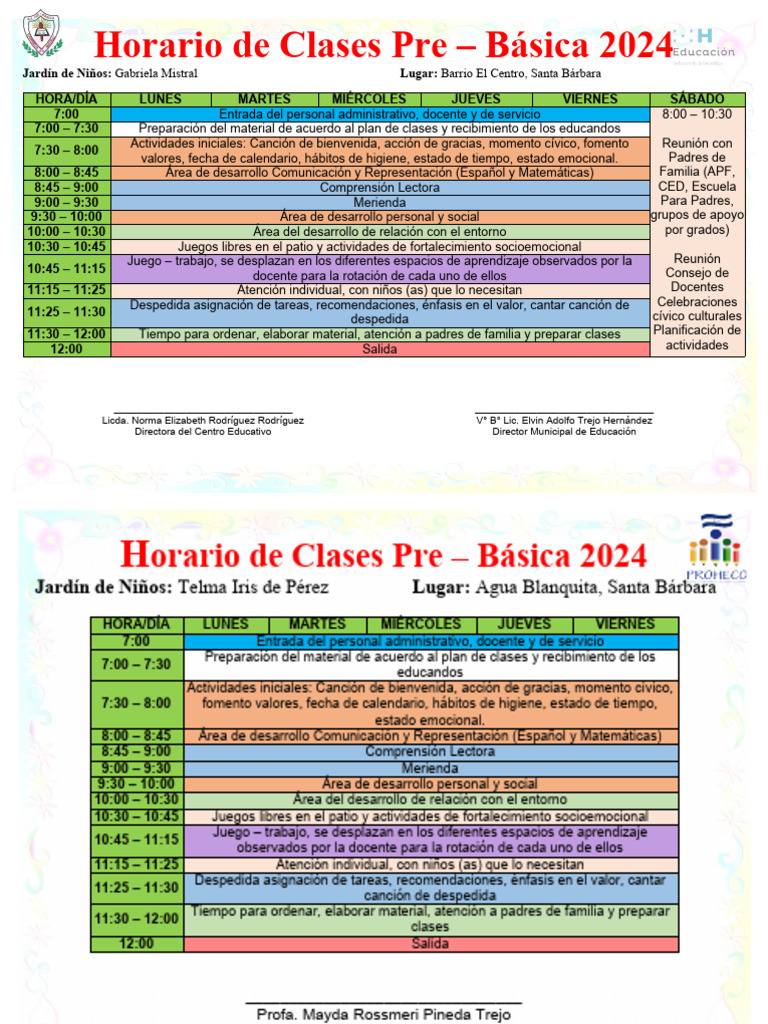 Horario Clases Pre-Básica 2024 Blanquita | PDF | Aprendizaje