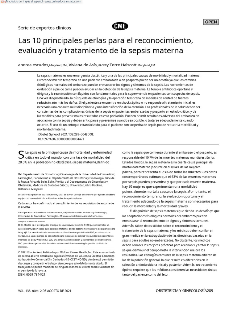 10 Pearls Sepsis En Obstetricia En Es Pdf Septicemia El Embarazo