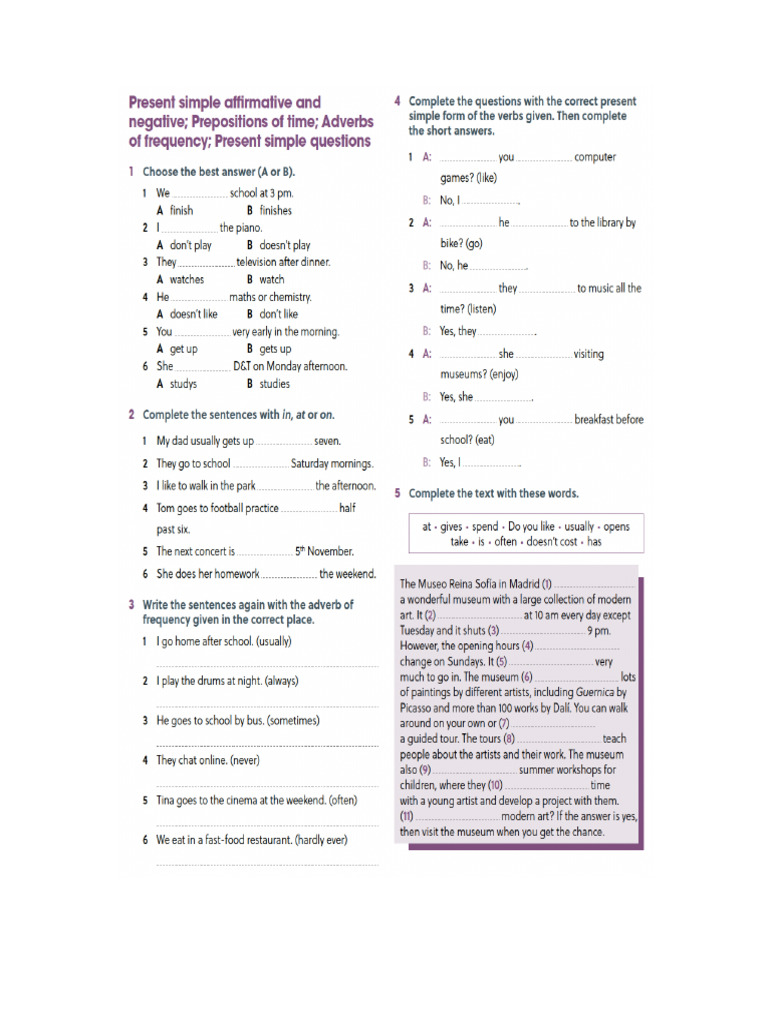 Present - Simple - Homework School 25 | PDF