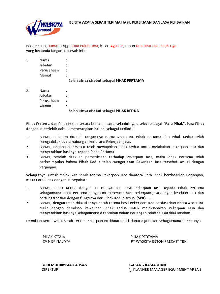 Berita Acara Serah Terima Hasil Pekerjaan Dan Jasa Perbaikan | PDF
