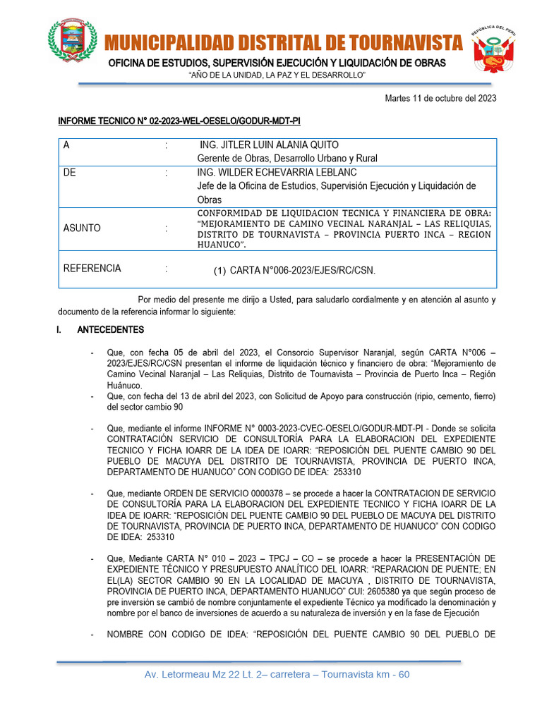 Informe Tecnico #204-2023-Cvec-Oeselo-Godur-Mdt-Pi - Designacion de Inspector Cambio 90 | PDF