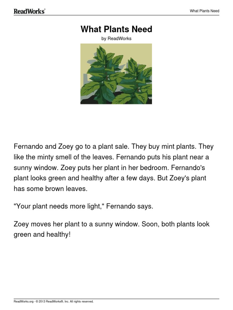 Readworks Grade 1 - What Plants Need | PDF | Botany | Linguistic Morphology