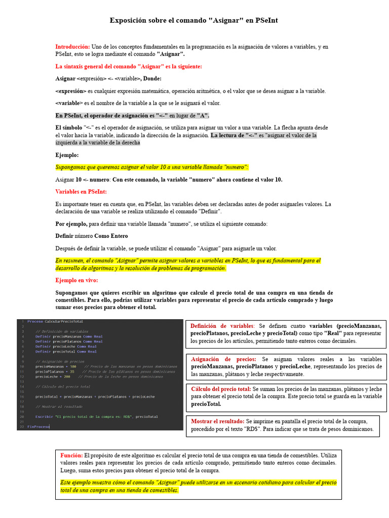 Uso del comando Asignar en PSeInt | PDF | Métodos y materiales de enseñanza