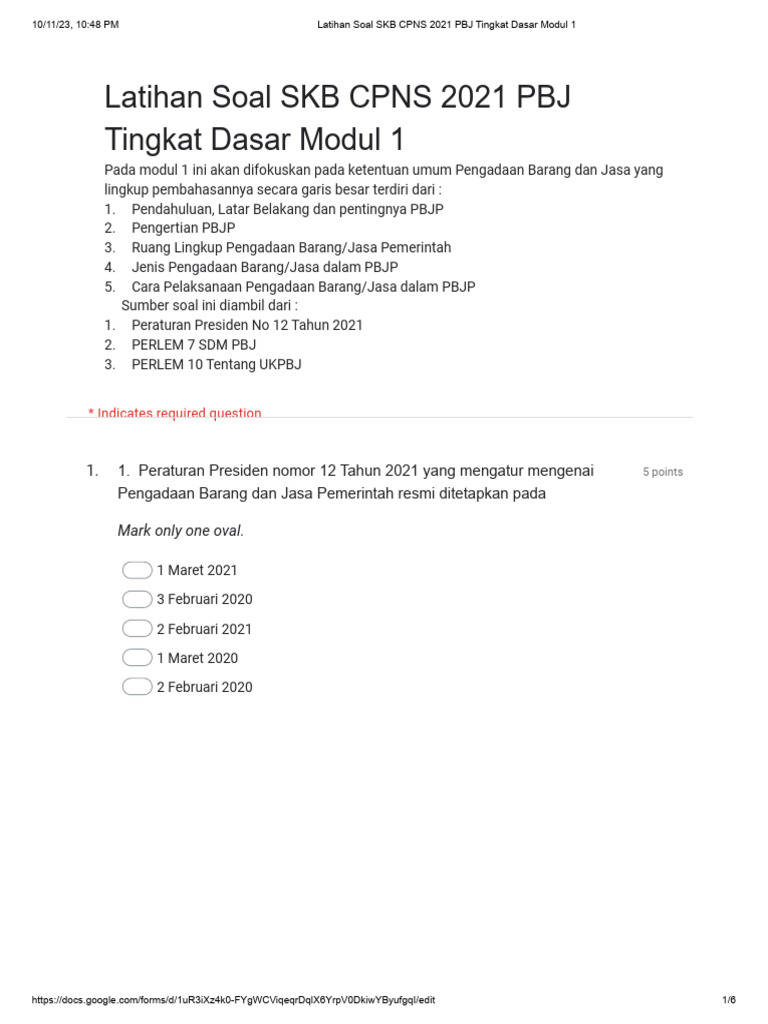 Latihan Soal SKB CPNS 2021 PBJ Tingkat Dasar Modul 1 - Google Forms | PDF