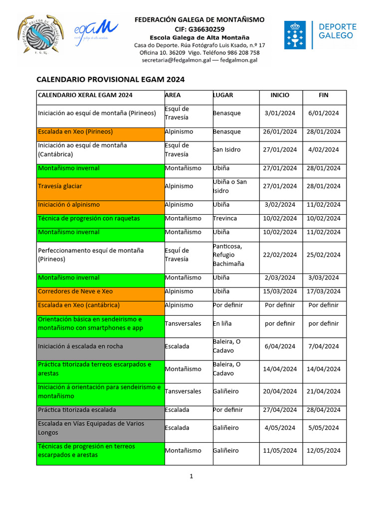 Calendario Provisional Egam 2024 Web | PDF | Alpinismo | Geomorfología