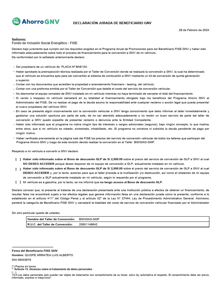 Declaración Jurada de Beneficiario FISE - 2024-02-26T140505.674 | PDF