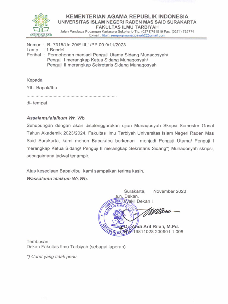 Surat Permohonan Menguji Munaqosyah Nov 2023 TTD WD I TerbaRU | PDF