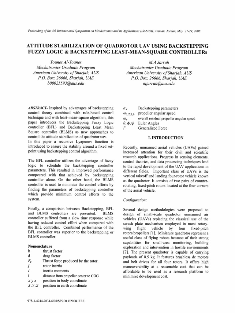 Attitude Stabilization of Quadrotor Uav Using Backstepping Fuzzy Logic & Backstepping Least-Mean ...