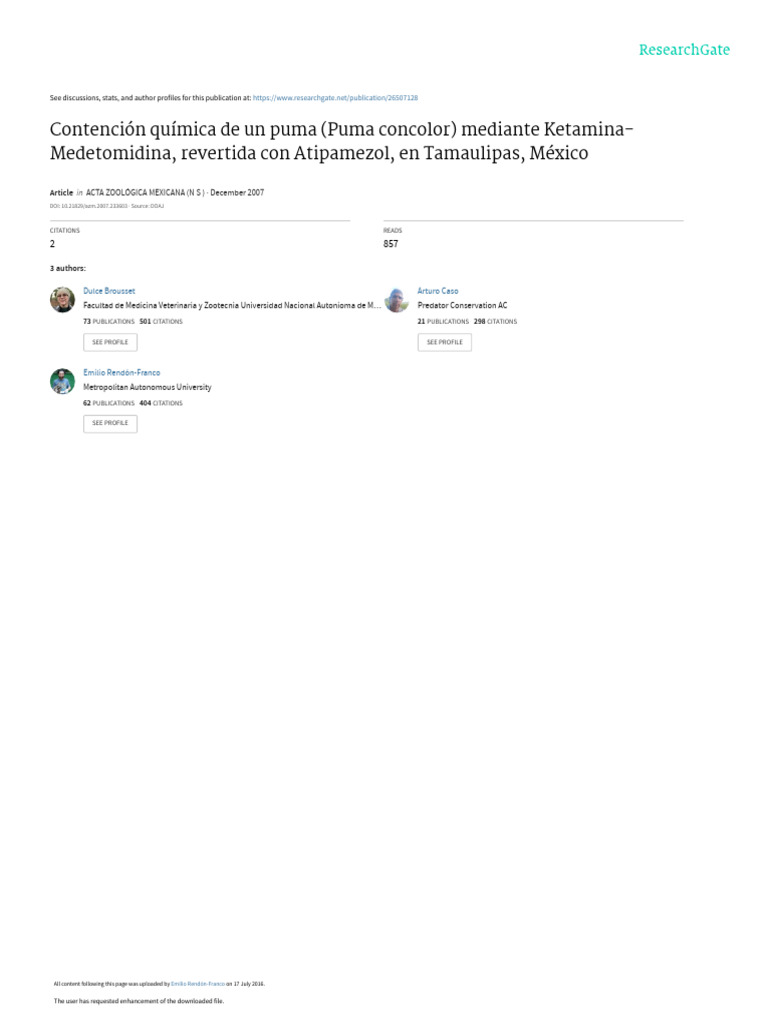 Contención Química de Un Puma (Puma Concolor) Mediante Ketamina ...