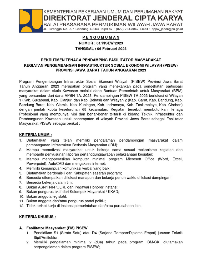 Rekrutmen Fasilitator PISEW Jabar 2023 | PDF
