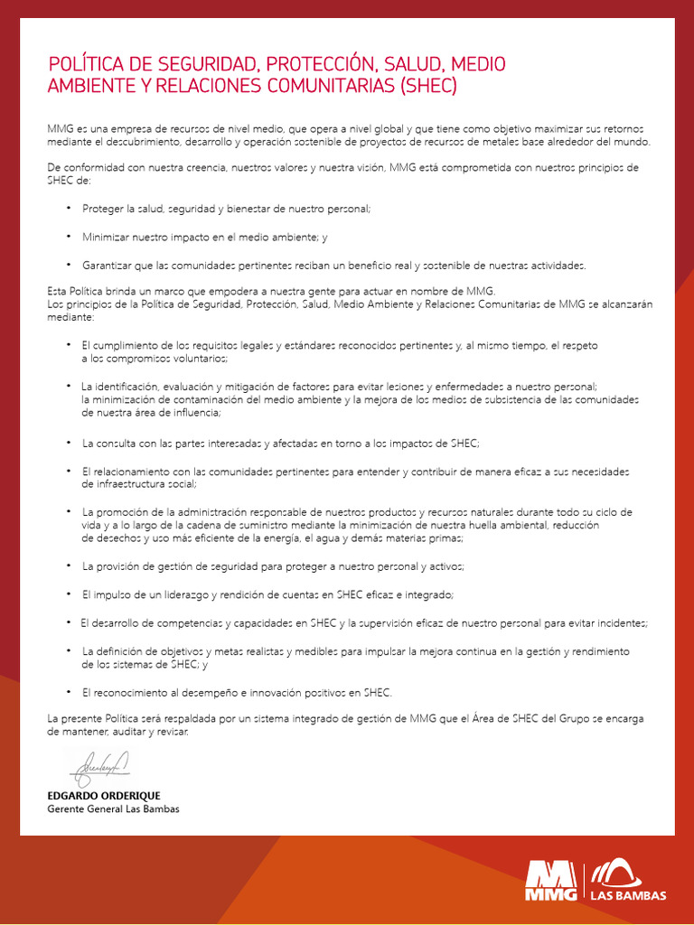 Política SHEC - Las Bambas | PDF | Sustentabilidad | Entorno natural