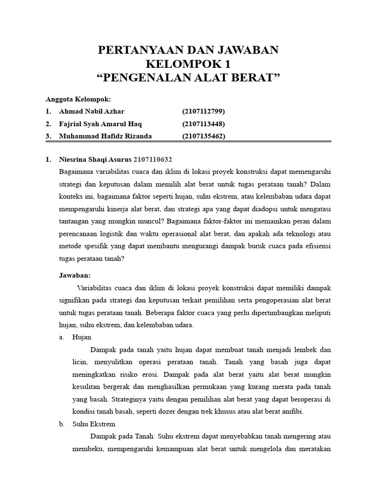 Pertanyaan Dan Jawaban Diskusi Kelompok 1 - Pengenalan Alat Berat | PDF