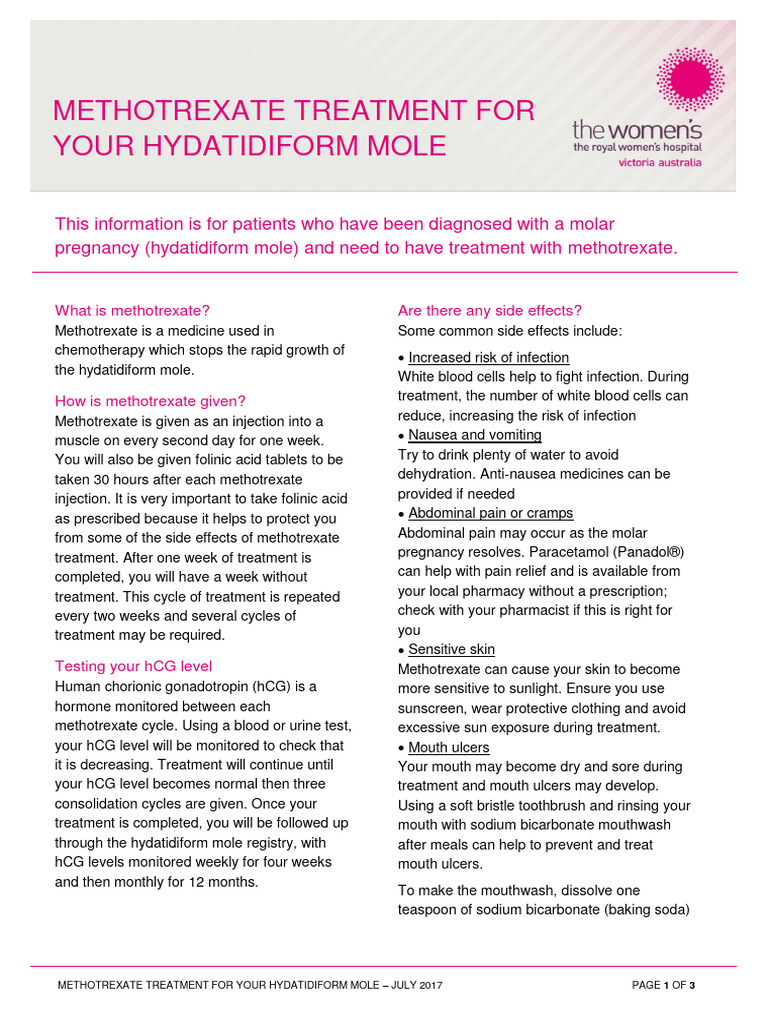 Methotrexate Treatment For Your Hydatidiform Mole | PDF | Human ...