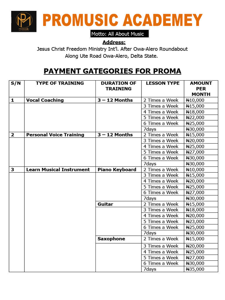 Payment Gategories For Proma 2-1 | PDF | Music Technology | Musical Instruments