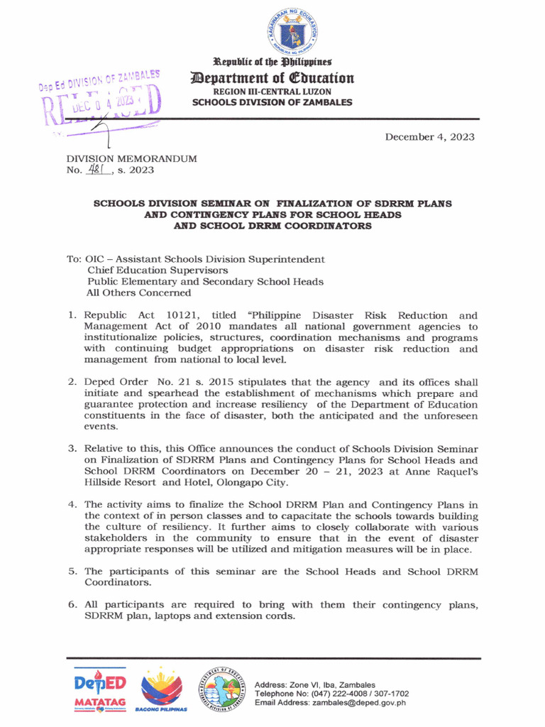 DM No. 481, S. 2023 - Schools Division Seminar On Finalization of SDRRM ...