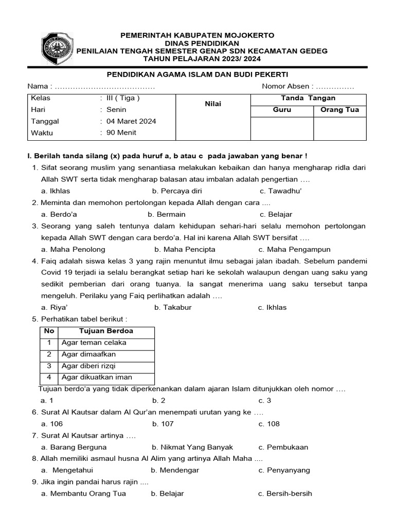 Soal PTS Genap Pai KLS 3 - 2023-2024 | PDF