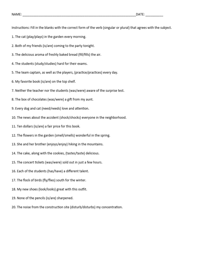 Subject Verb Agreement Worksheet | PDF