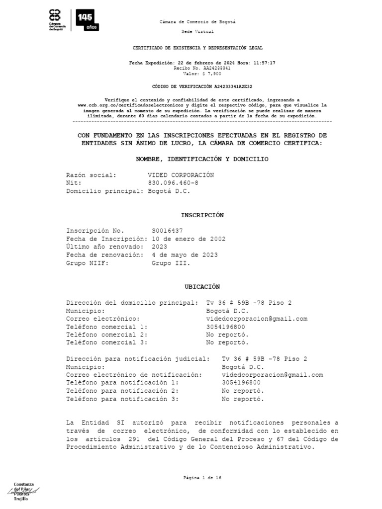 Certificado de Existencia de Vided Corporación | PDF | Bogotá | Diseño