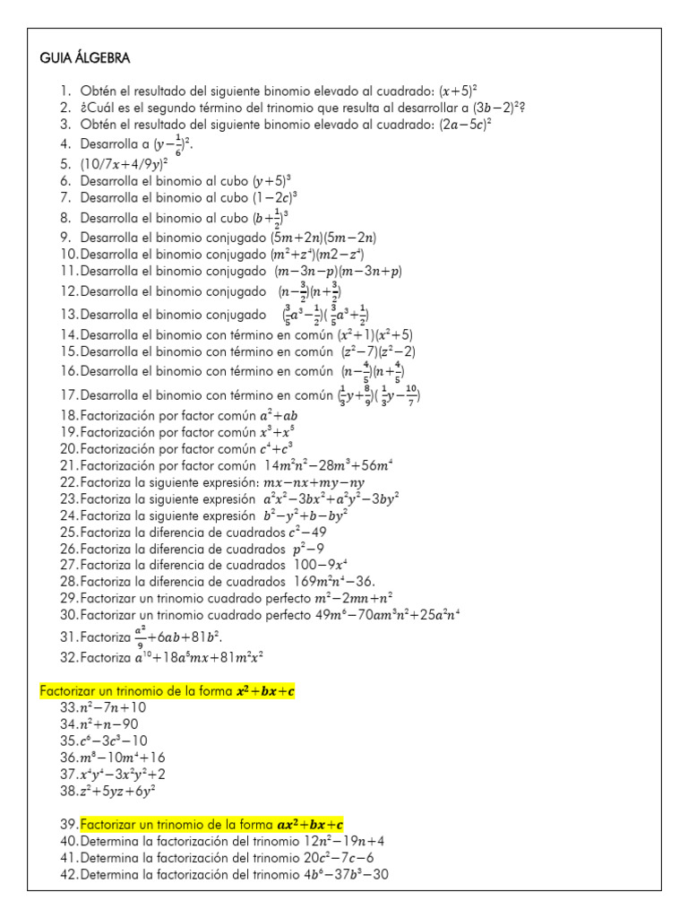 Guia Álgebra | PDF | Factorización | Álgebra