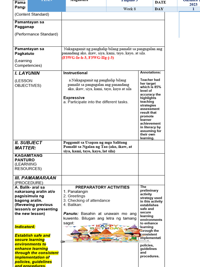 COT - Filipino 3 Q1 W8 Paggamit Sa Usapan NG Mga Salitang Pamalit Sa ...