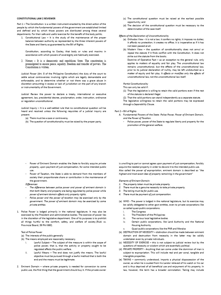 Constitutional Law 2 Reviewer | PDF | Eminent Domain | Constitution