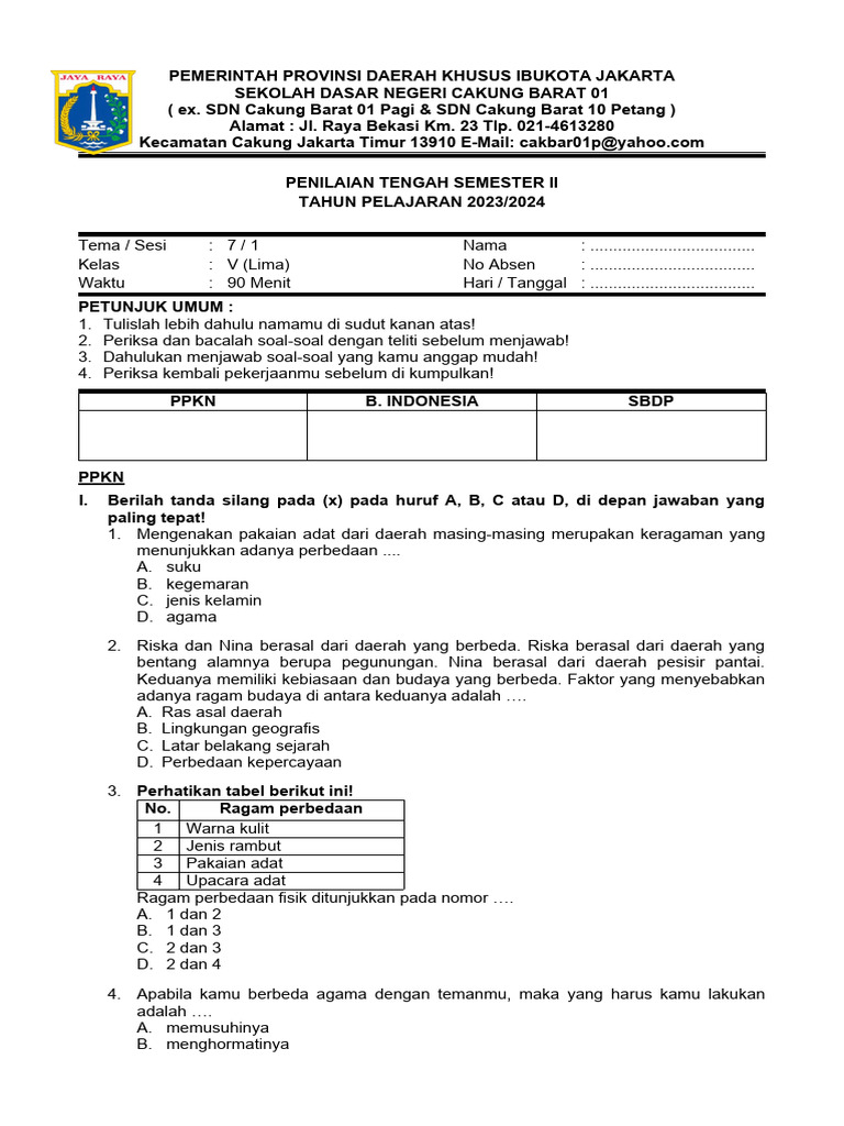 Soal PTS Ii - Kelas 5 - Tema 7 Sesi 1 - Tapel 2023-2024 | PDF | Kajian Bahasa Asing