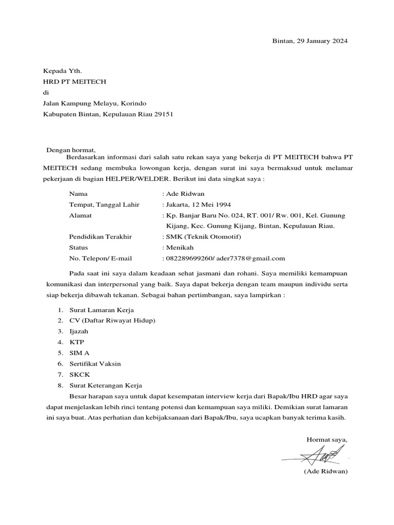 Surat Lamaran & CV Lengkap Ade Ridwan Meitech | PDF | Karier ...