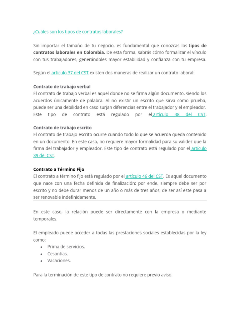 Cuáles Son Los Tipos De Contratos Laborales Pdf Derecho Laboral