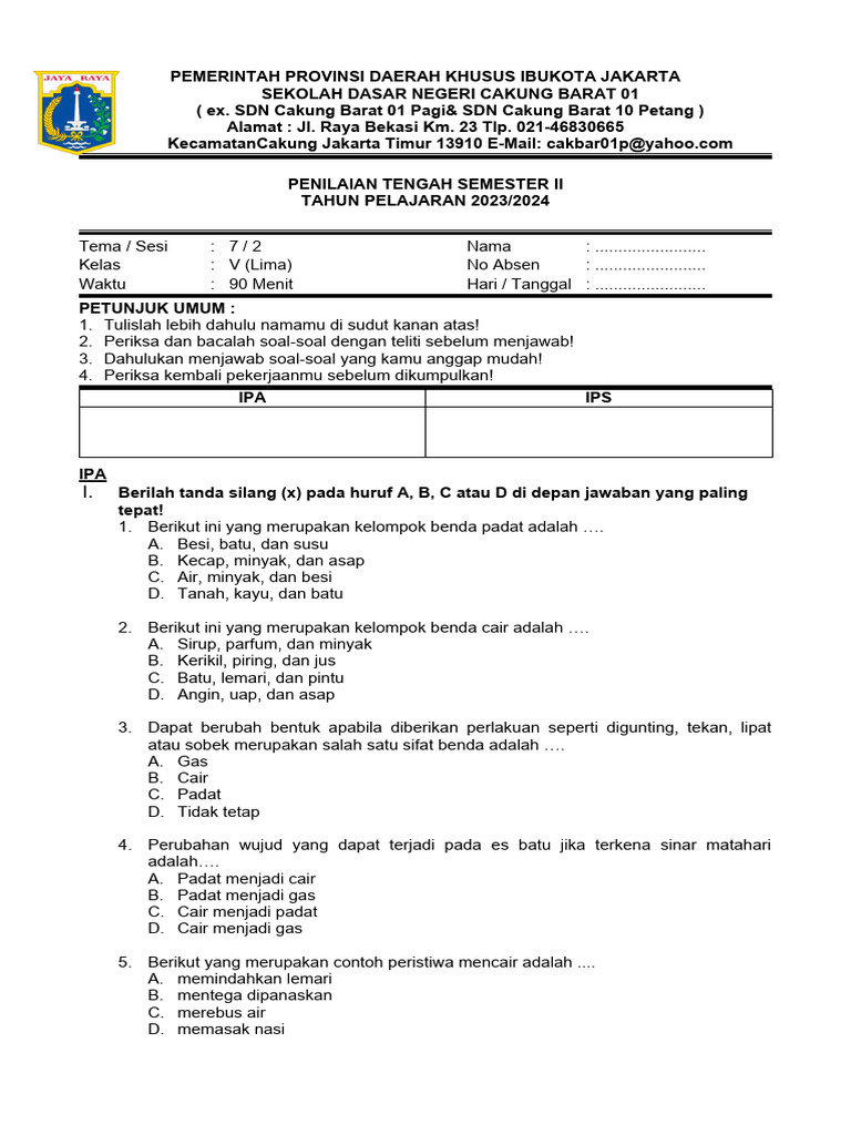 Soal PTS Ii - Kelas 5 - Tema 7 Sesi 2 - Tapel 2023-2024 | PDF | Perjalanan
