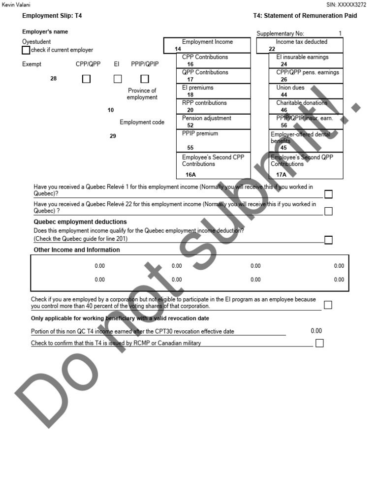 Do Not Submit!.: Employment Slip: T4 T4: Statement of Remuneration Paid ...