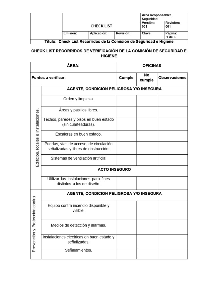 CHECK LIST DE RECORRIDOS DE VERIFICACIÓN en Instalaciomes | PDF ...